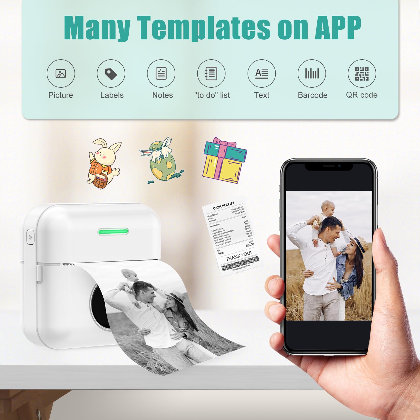 Mini Thermal Printer, Portable Inkless Photo Printer with 8 Rolls Continuous Paper, Pocket Printer Sticker Maker for Study Notes, Labels, Journal, USB Rechargable Mini Printer for iOS Android