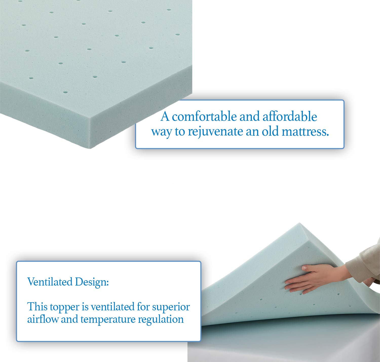 Nestl Bedding Mattress Topper, 3 Inch Memory Foam Topper, Gel Infused Memory Foam Mattress Topper, Ventilated Design Mattress Pad, Twin, Blue