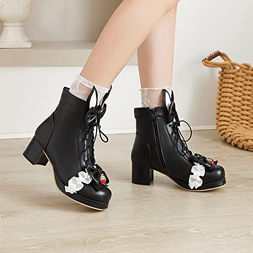 FASDNENDYS Womens Backless Boots Womens Shoes Fashion Solid Color Round Toe Middle Heel Lace Boots for Women Booties Black