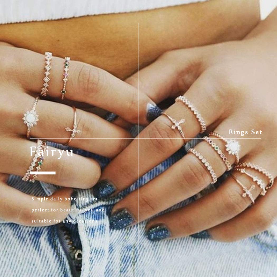 Fairyu Boho Crystal Stackable Rings Gold Joint Knuckle Rings Gold Beach Finger Rings Jewelry for Women and Girls (12PCS)