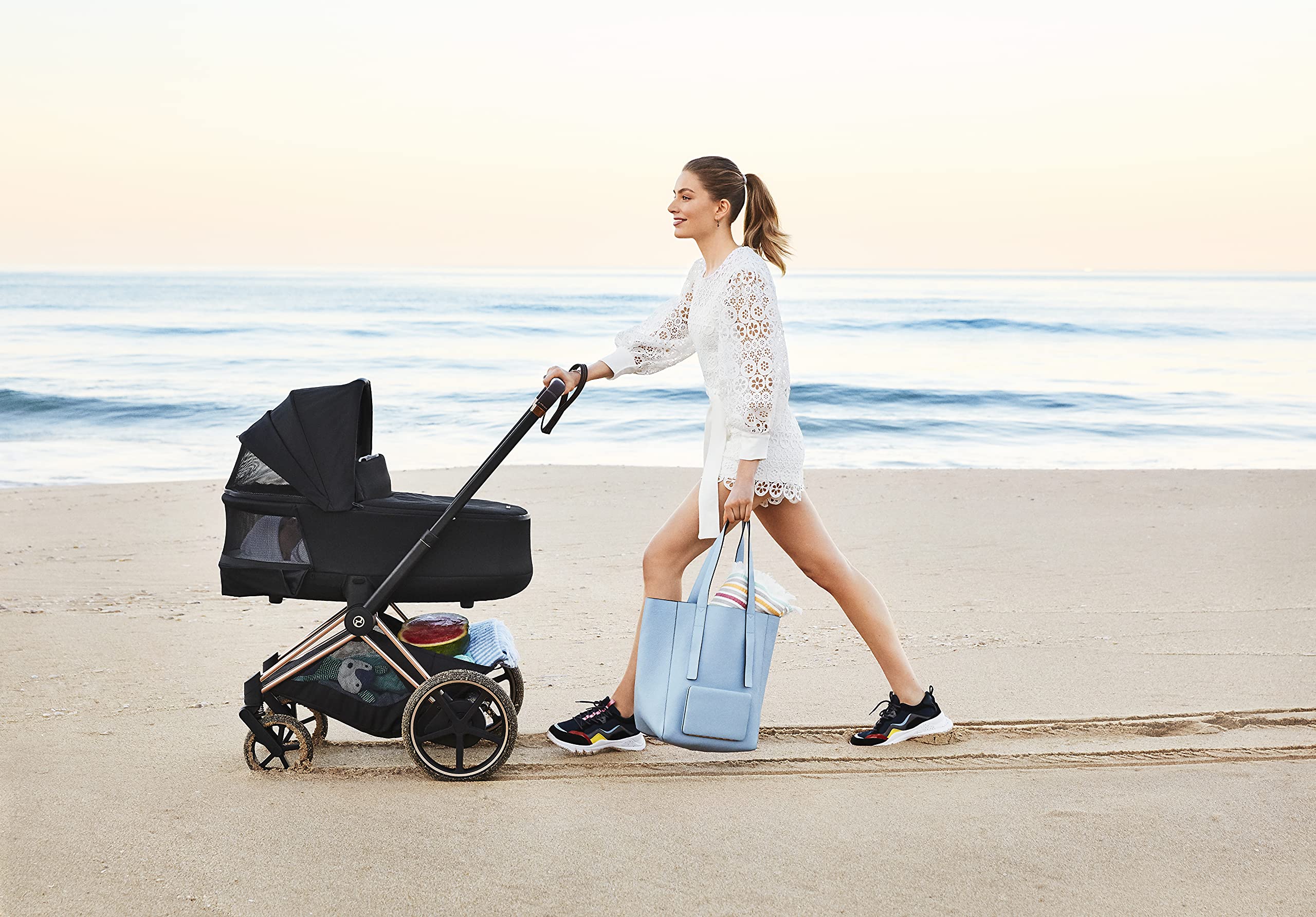 Cybex e-Priam Complete Stroller, One-Hand Compact Fold, Reversible Seat, Smooth Ride All-Wheel Suspension, Extra Storage, Rocking Mode Technology w/App, Indigo Blue Seat with Chrome/Black Frame