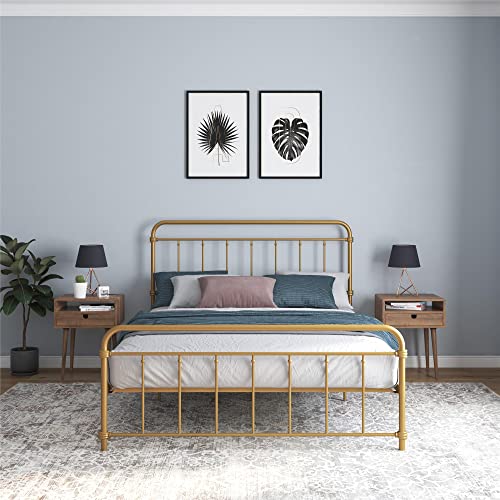 DHP Winston Metal Platform Bed with Rustic Design and Curved Edge Headboard and Footboard, Adjustable Base Height for Underbed Storage, No Box Spring Needed, Queen, Gold