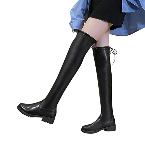 FASDNENDYS Womens Pointed Toe Knee High Boots Shoes Boots Up Heeled Low Knee Long High Boots Over Short Heel Black