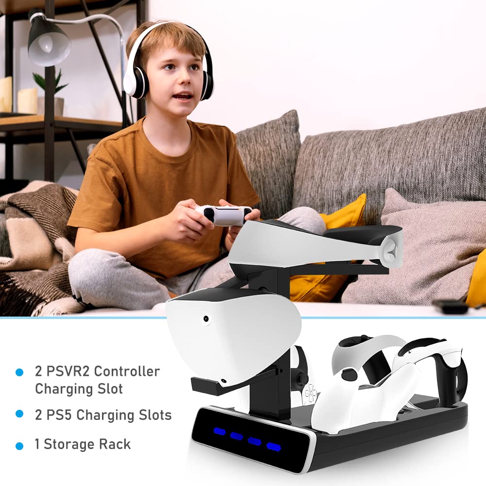 for Snoy PSVR2 Charging Display Stand with LED Light - VR Stand Display Your PSVR2 - Charging Compatible with Sony Playstation VR2 Handle, PS5 Controller Charger, Charging Cable, Seat Charger