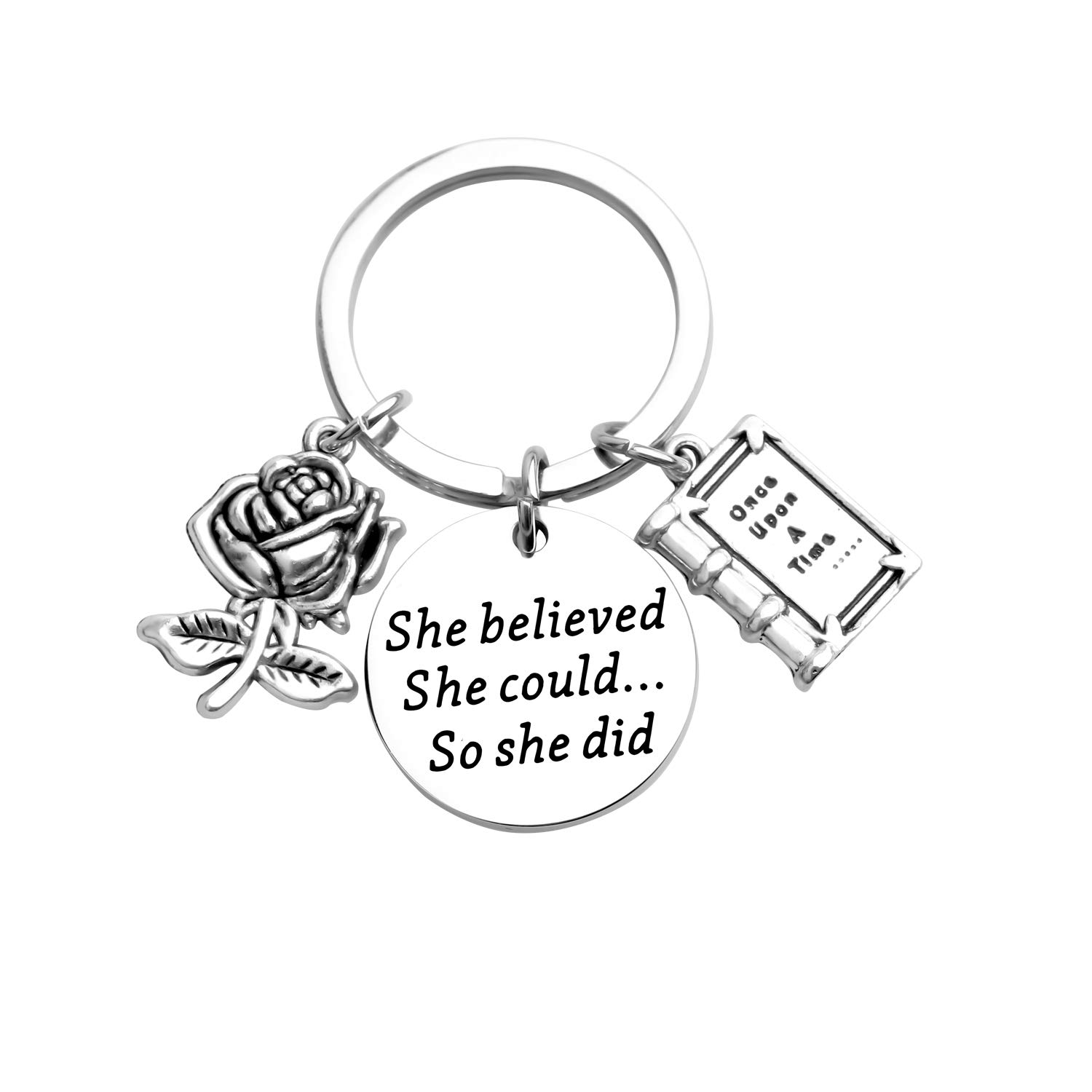 ENSIANTH Inspirational Gift The Beast Jewelry A Tale As Old As Time Keychain Princess Keychain Wedding Gift for Her (She Believed Flower Key)