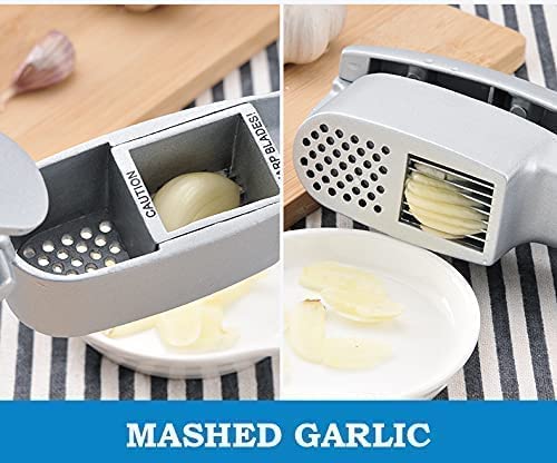 Garlic Press, 2 in 1 Garlic Mince and Garlic Slice with Garlic Cleaner Brush and Silicone Tube Peeler Set, Easy Squeeze, Rust Proof, Dishwasher Safe
