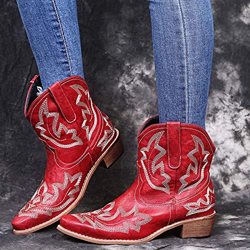 FASDNENDYS Pointed Toe Heels Booties Slip-On Women Short Shoes Embroidery Retro Women's Boots Heel Spur Brace Wine