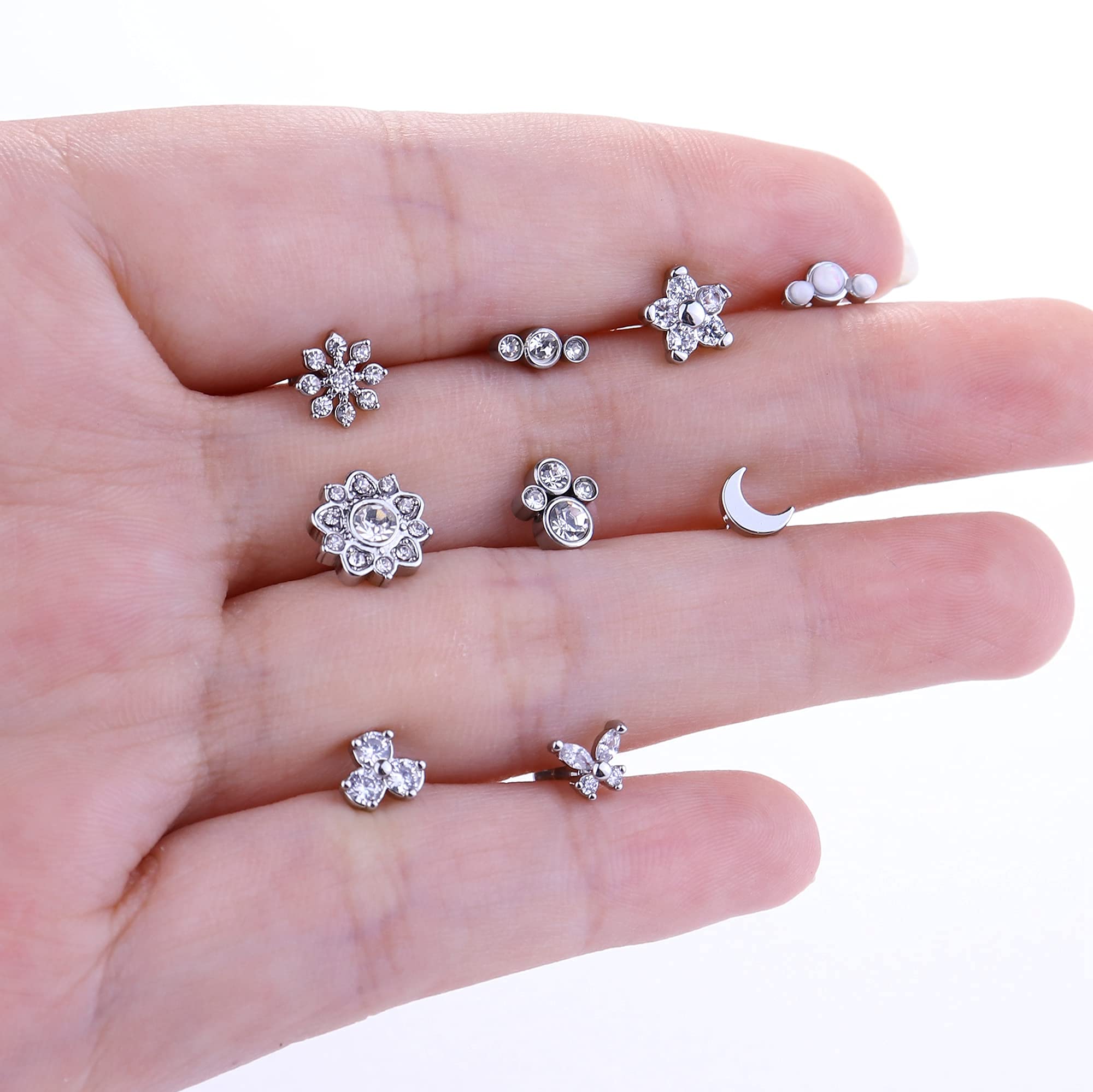 Florideco 9 Pcs 16G Lip Rings Stainless Steel Labret Studs Monroe Lip Ring CZ Opal Nose Studs Internally Threaded Helix Tragus Stud Earring for Women Medusa Piercing Jewelry Rose Gold