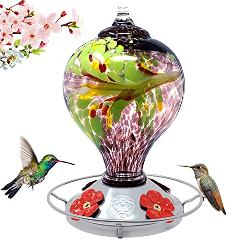 Hummingbird Feeder by Grateful Gnome - Large Hand Blown Stained Glass Feeder for Garden, Patio, Outdoors, Window with Accessories S-Hook, Ant Moat, Brush - 36fl oz, Large Purple Egg Design