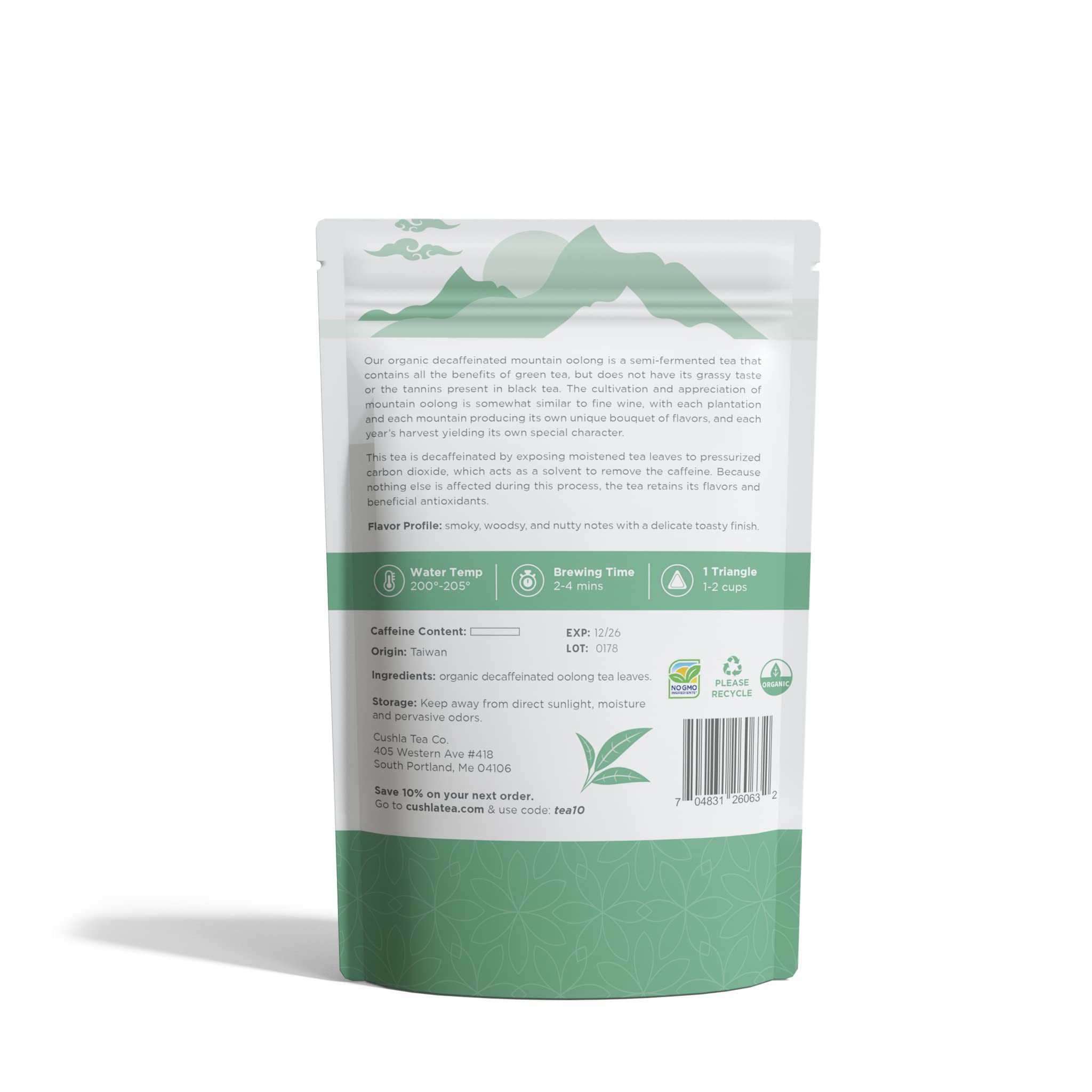 Decaf Oolong Tea Bags, Decaffeinated Hot or Cold Brew, Smoky, Woodsy, Nutty Notes Delicate Toasty Finish - 20 Decaf Oolong Tea Bags