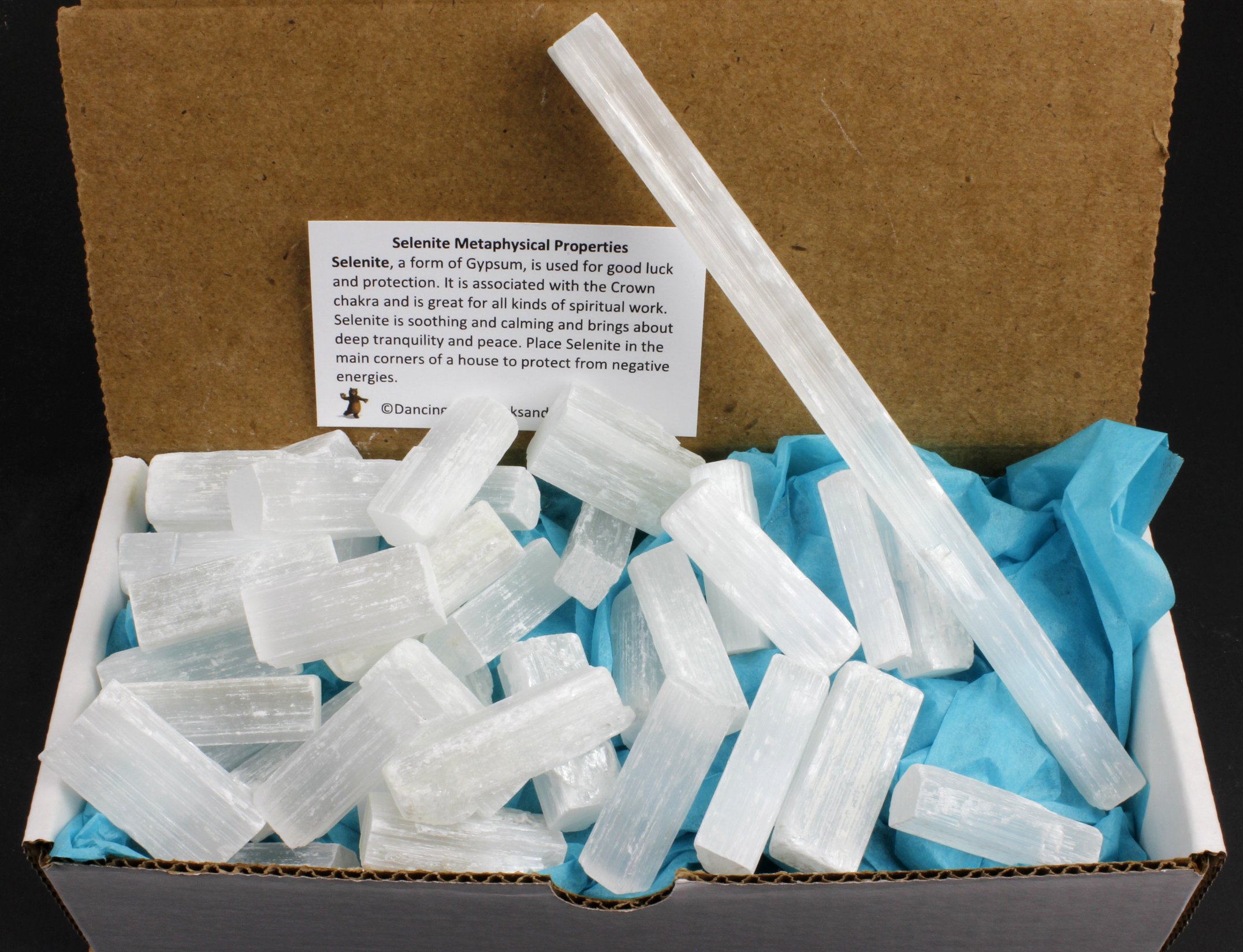 DANCING BEAR Selenite Sticks Wands Bulk (35-40 pcs) 1.5-2 inch L X .25-.5" W Each, Bonus: Free 6-8" Selenite Stick & ID Card, Reiki, Chakra, Healing, Protection Grids, Good Luck, Positive Energy