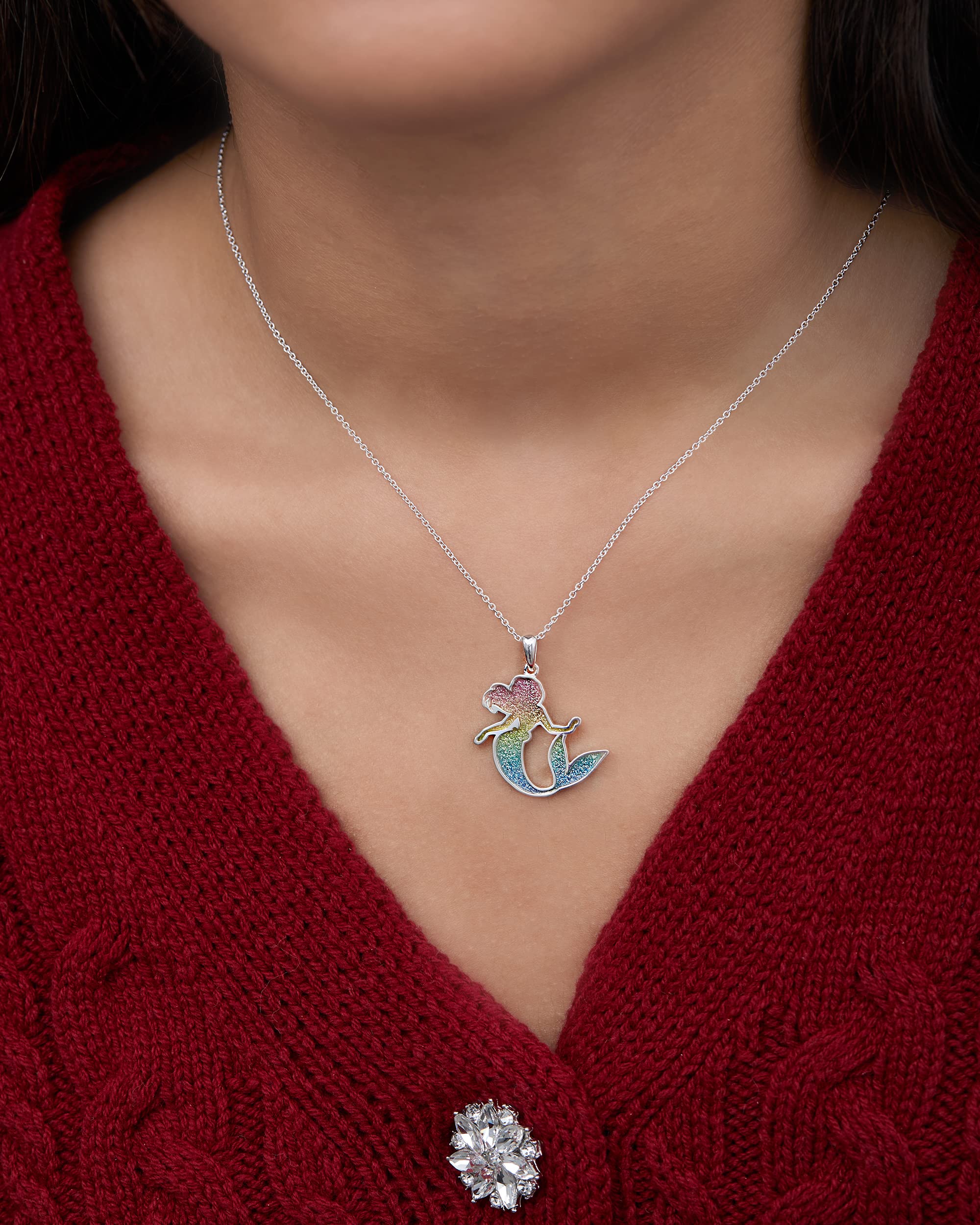 Disney Jewelry for Women, Princess Ariel Rainbow Glitter Pendant Necklace, Silver Plated, 18β