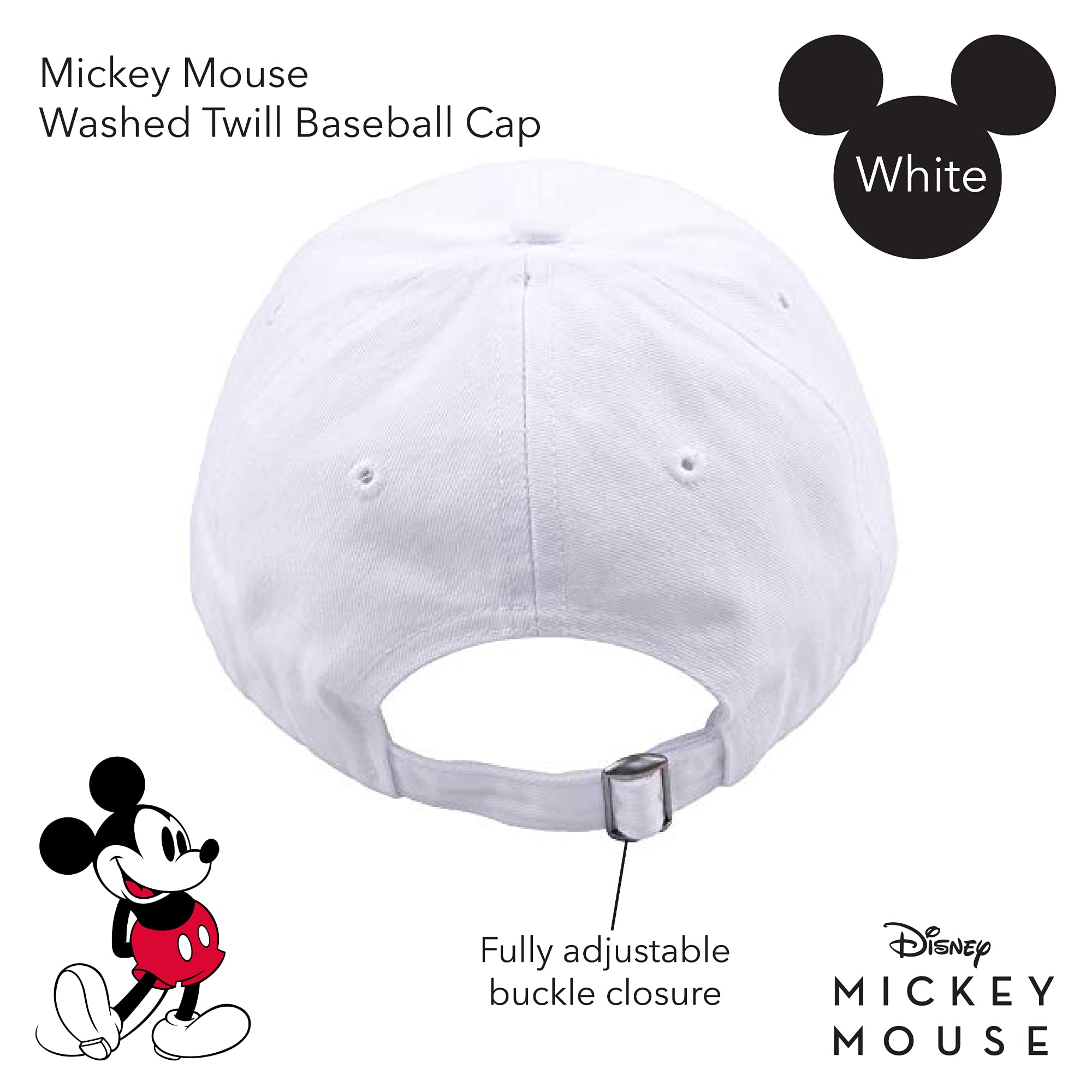 Disney Mickey Mouse Embroidered Cotton Adjustable Dad Hat with Curved Brim, White Washed, One Size