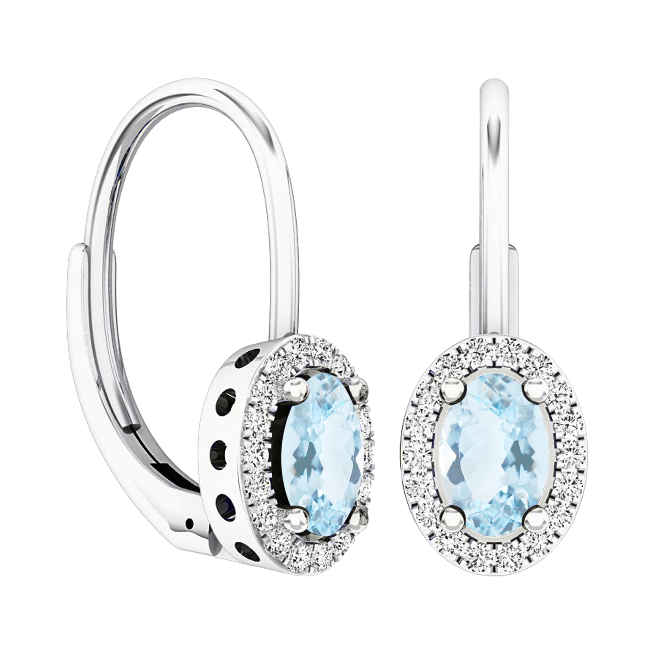 Dazzlingrock Collection 10K 6X4 MM Each Oval Cut Aquamarine & Round Cut Diamond Ladies Dangling Earrings, White Gold