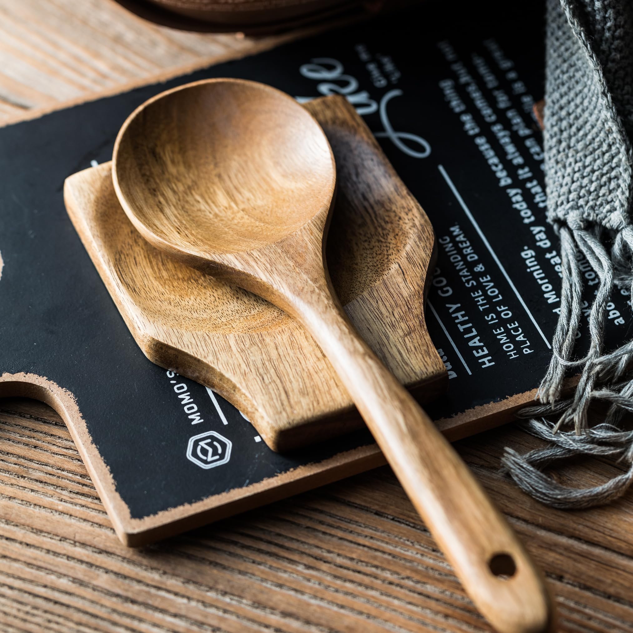 Deluxe Wooden Cooking Utensils Set of 9 - Complete Kitchen Utensils for Cooking with Storage Box & Spoon Holder - Durable and Nonstick Natural Wood Cookware-Wood Cooking Tools (Silver)