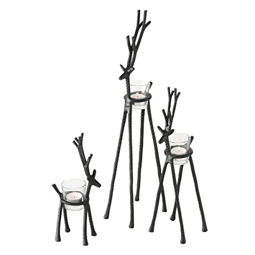 Rustic Reindeer Votive Candle Holders, Set of 3, Handmade, Forged Black Aluminum, Glass Cups, 10.25, 14.25, and 20 Inches