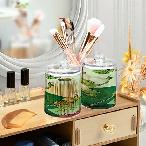 Kigai Frog Lotus Illustration Qtip Holder Dispenser for Cotton Ball, Cotton Swab,Plastic Clear Apothecary Jar, Home Décor Kitchen Storage Jar,2 Pack