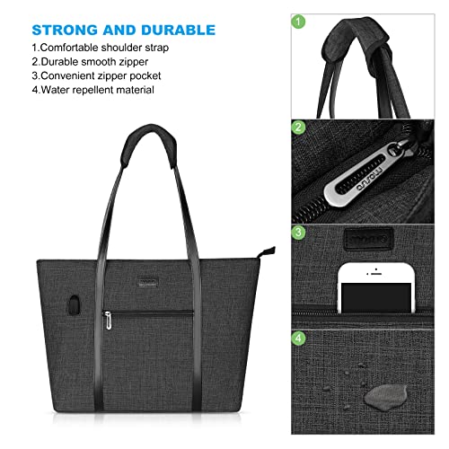 MOSISO USB Port Laptop Tote Bag for Women,Compatible with MacBook, 17-17.3 inch Notebook and Chromebook, Work Travel Business Computer Bag with Small Purse, Black