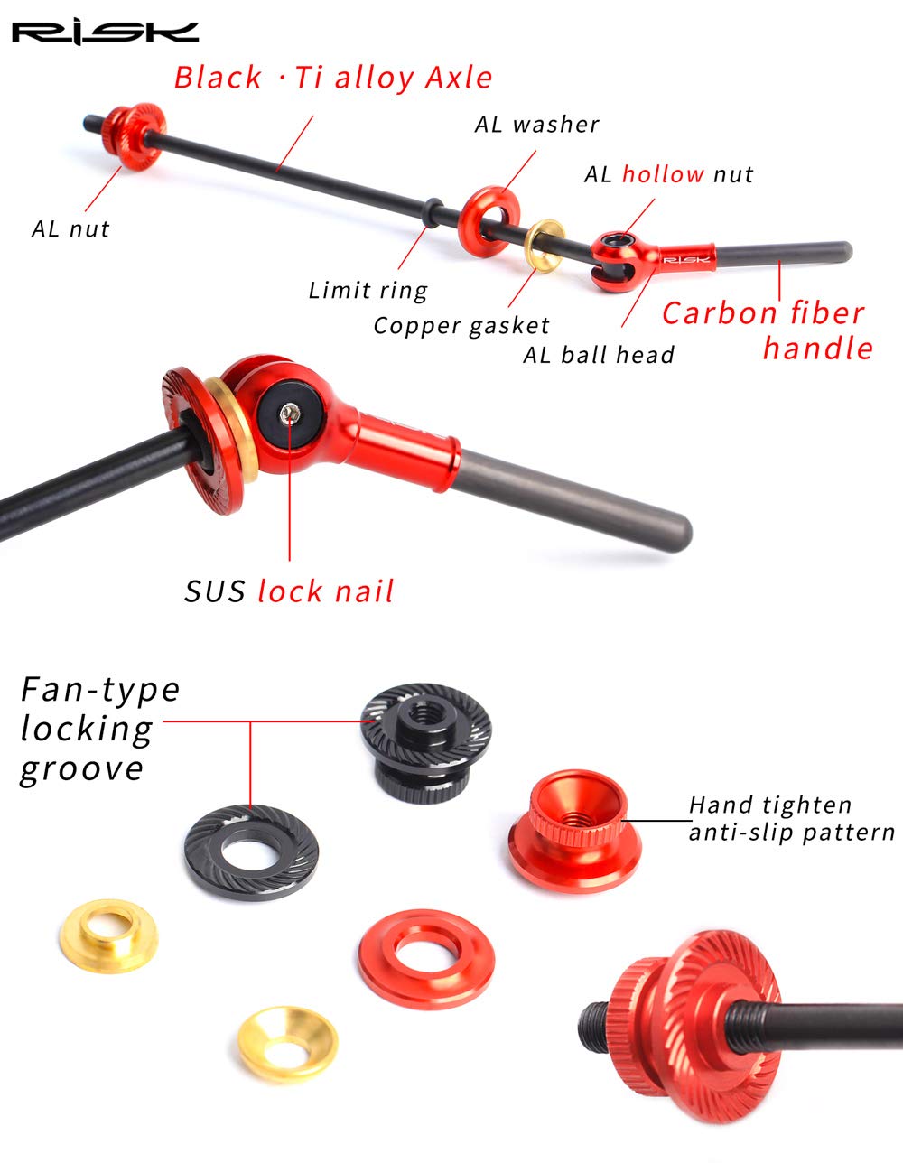 CYCEARTH 40.35g Titanium Bicycle QR Skewer lever MTB Road Bike Wheel Hub Ultralight Ti-Axis Carbon Fiber Handle Quick Release Skewer (Red)