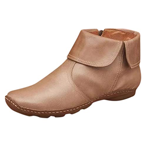 FASDNENDYS Zipper Non-Slip Toe Flats Casual Womens Ankle Round Leather Boots Shoes Immobilizing Boot Large Beige