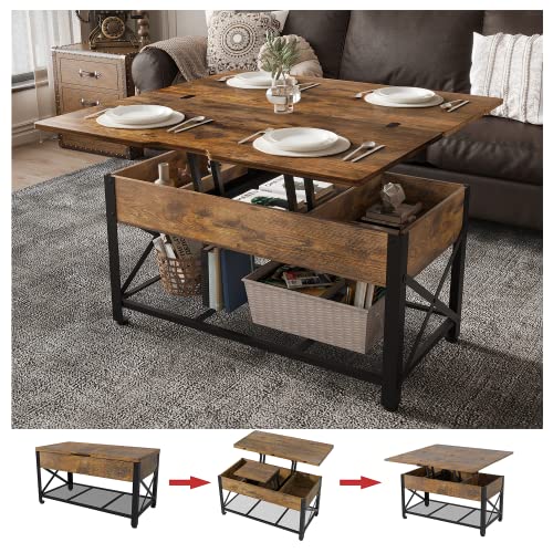 Lwdhw Olin 40" Lift Top Coffee Table, 3 in 1 Multi-Function Coffee Table with Hidden Compartment and Storage,Coffee Table for Dining Reception Room, Rustic Brown