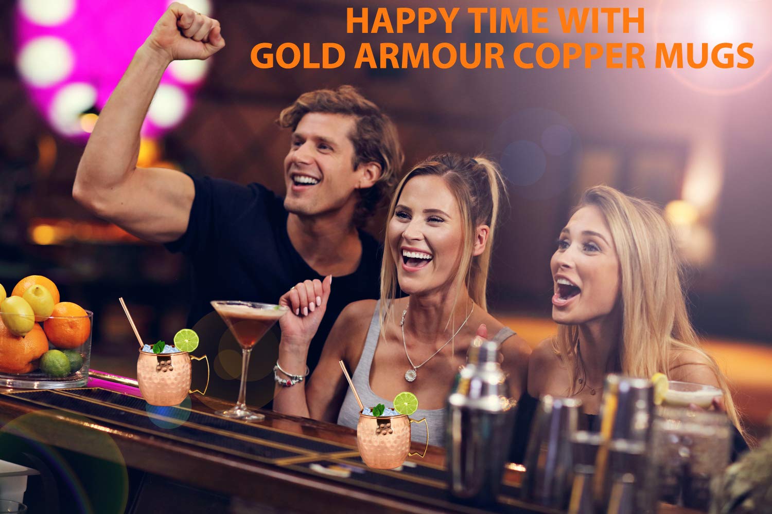 Gold Armour Moscow Mule Copper Mugs - Set of 4-100% HANDCRAFTED Solid Copper Mugs, Gift set with 4 Copper Straws and Jigger