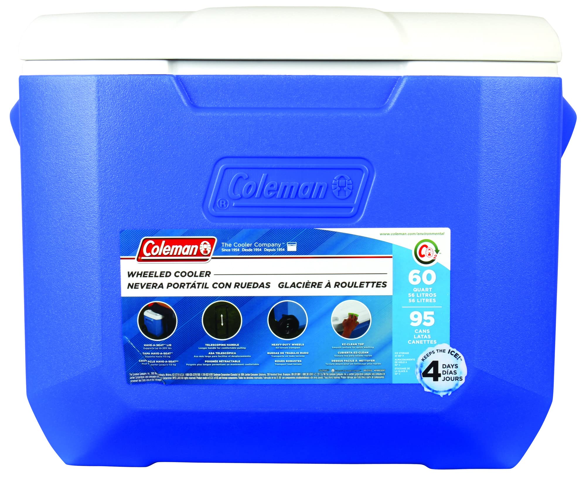 Coleman Chiller Series 60qt Wheeled Insulated Portable Cooler, Ice Retention Hard Cooler with Heavy Duty Wheels and Handle