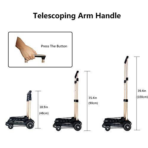 Folding Hand Truck Portable Dolly Compact Utility Luggage Cart with 70Kg/155Lbs Heavy Duty 4 Wheels Solid Construction Adjustable Handle for Moving Travel Shopping Office Use (Black)