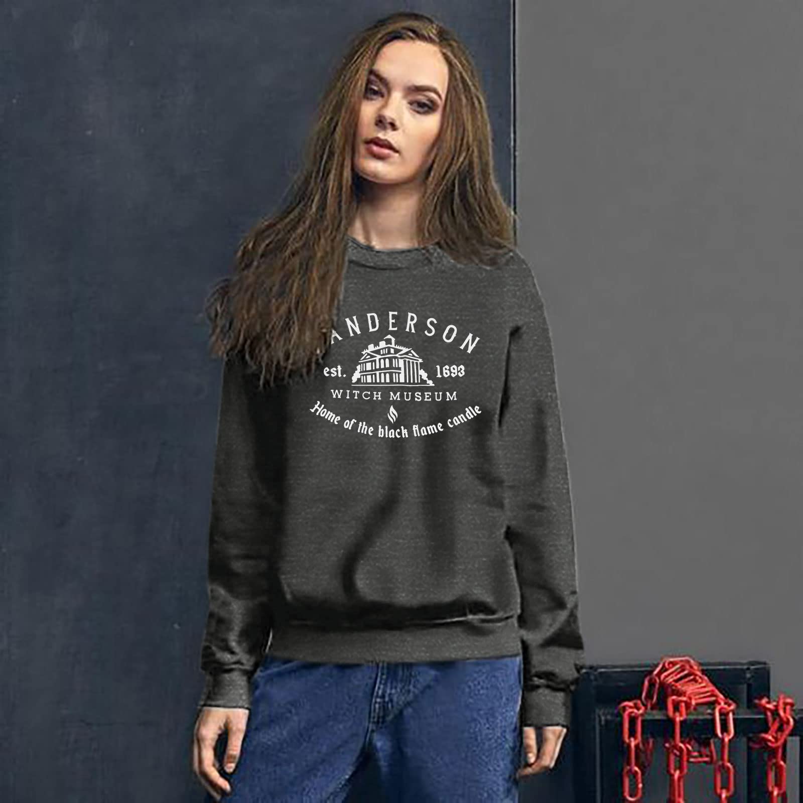 FASHGL Sanderson Witch Museum Sweatshirt Womens Halloween Pullover Shirt Casual Lightweight Long Sleeve Shirt Gray