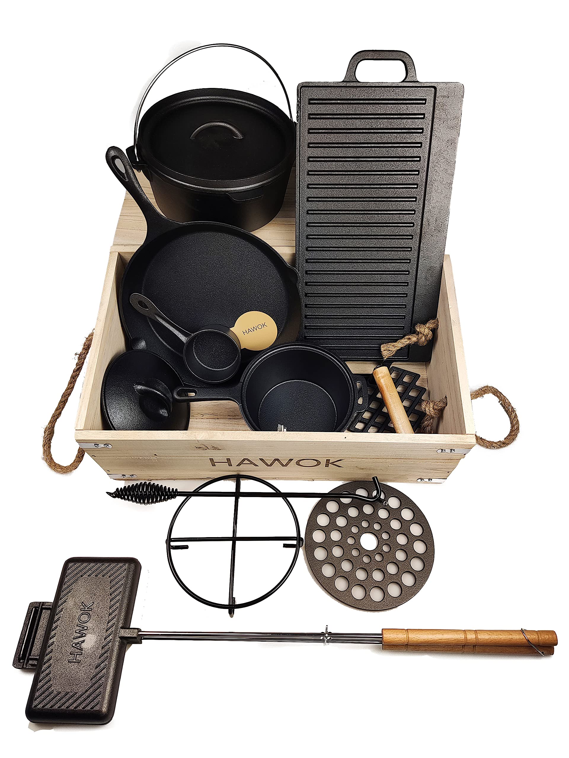 HAWOK Pre-seasoned Cast Iron Dutch Oven Camping Cooking Set with Carrying Storage Box
