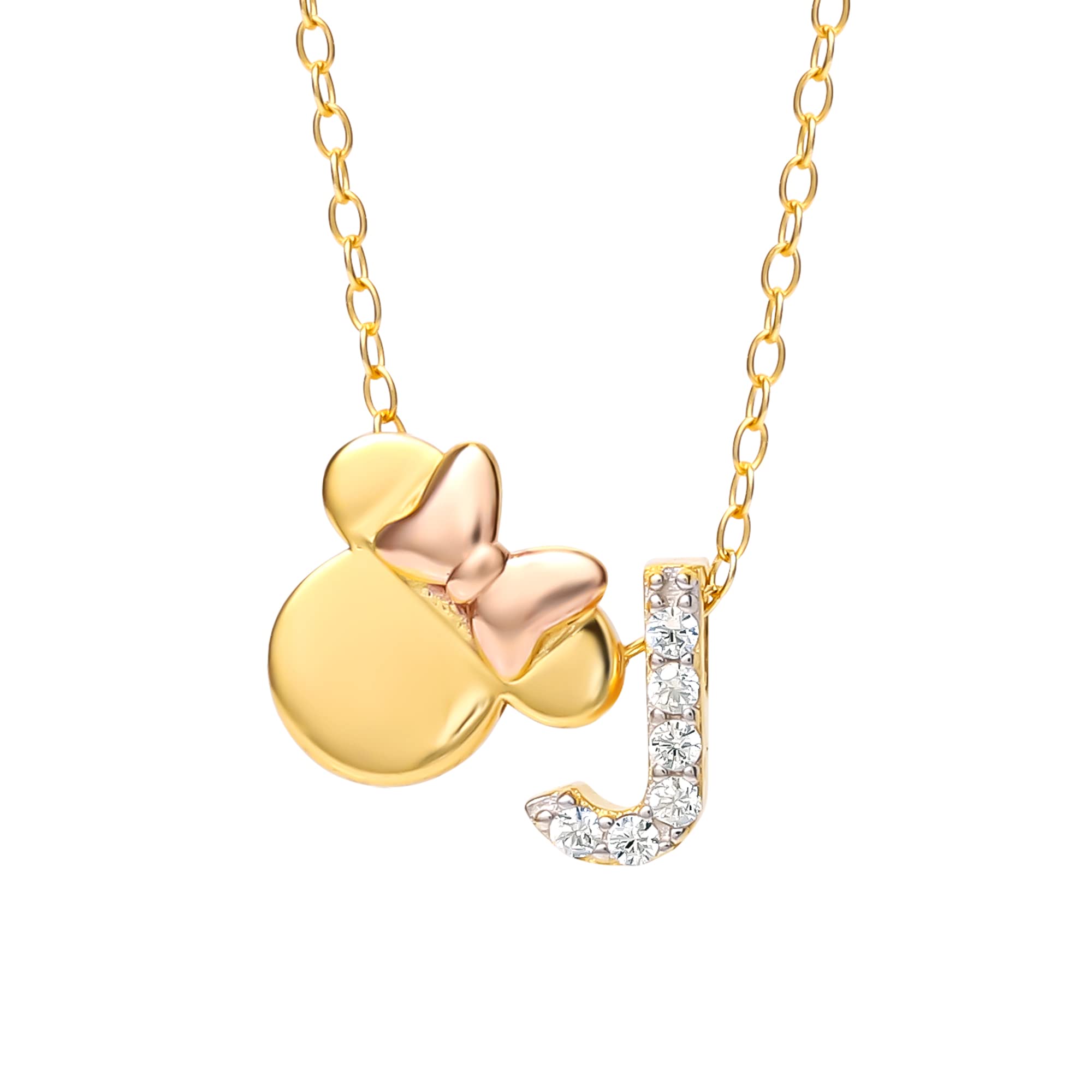 Disney Minnie Mouse Flash Plated Letter J Cubic Zirconia Initial Pendant Necklace, 18"