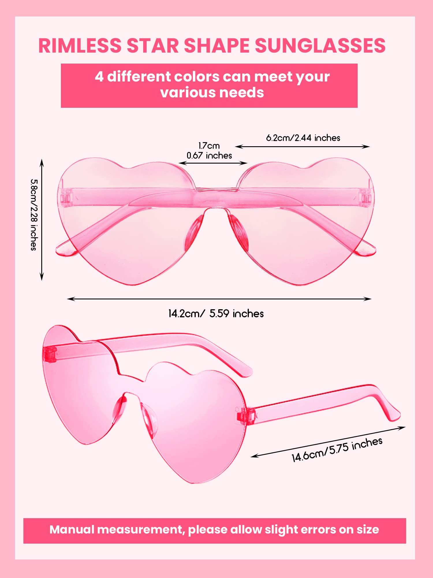 Dunzy 100 Pairs Heart Shaped Sunglasses Rimless Heart Sunglasses Candy Color Eyewear Party Wedding Glasses(Colorful)