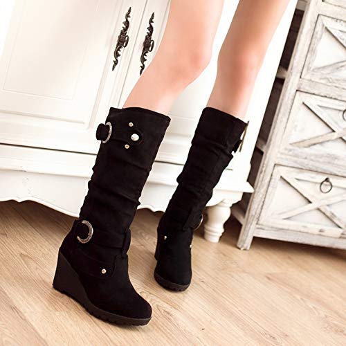 FASDNENDYS Womens Mid Knee High Boots Women's Winter Flat Shoe Round Toe Thicken Wedges Half Foot Insole Black