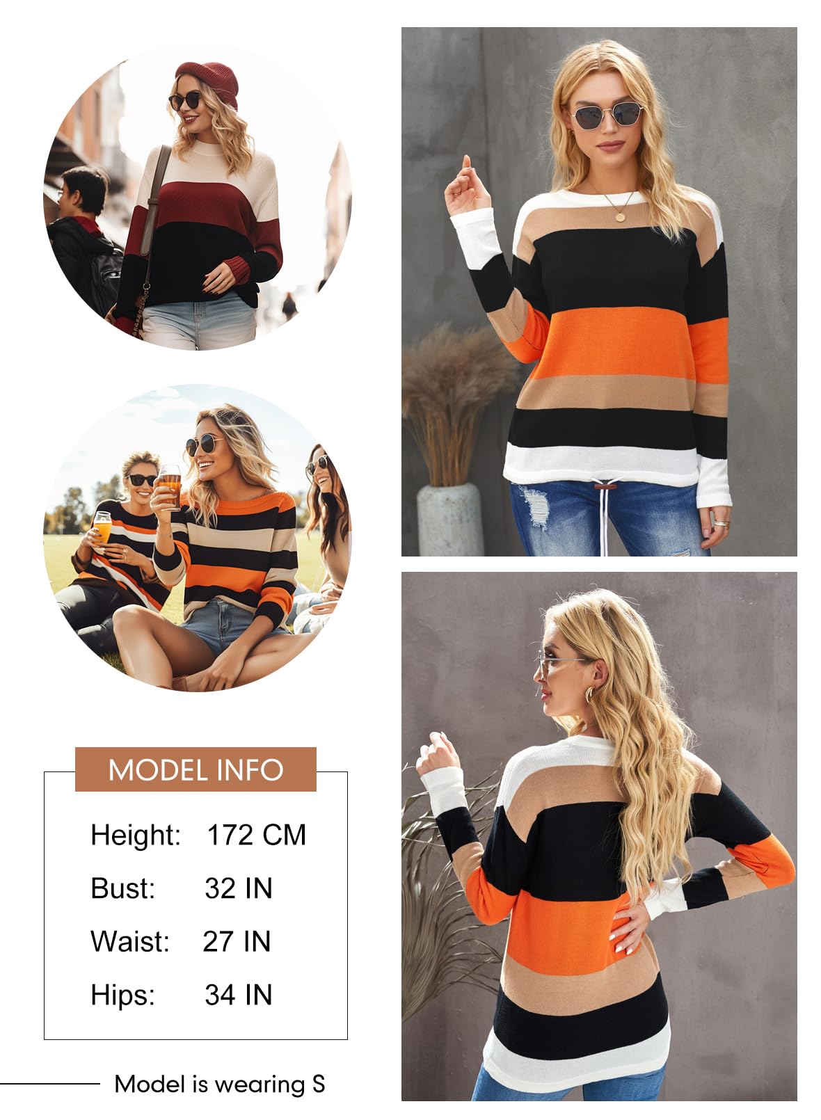 Dokotoo Womens Sweaters Round Neck Striped Cute Winter Pullover Sweaters for Women Trendy 2023 Drawstring Orange Medium