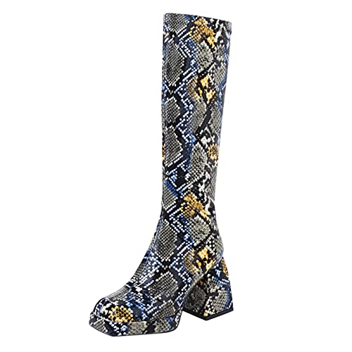 FASDNENDYS Womens Knee High Boots Round Toe Chunky Block Heels Fashion Winter Booties Shoes Pattern Ling Boots Brown