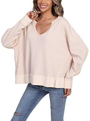 LYANER Women's V Neck Waffle Knit Long Sleeve Loose Pullover Sweatshirt Sweater Top Beige Medium
