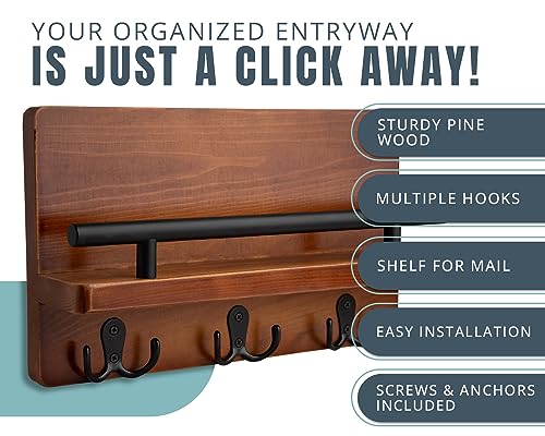 Comfify Natural Pine Wood Key Holder for Wall - Modern Decorative Finish with Metal Key Hooks and Mail Organizer/Sorter Slot - White