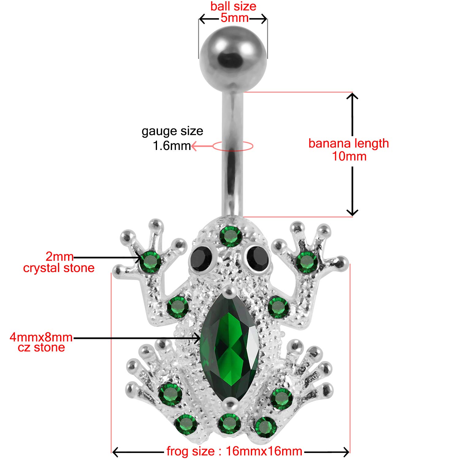 Dark Green Multi Crystal Gemstone Frog Design 925 Sterling Silver Belly Ring Body jewelry