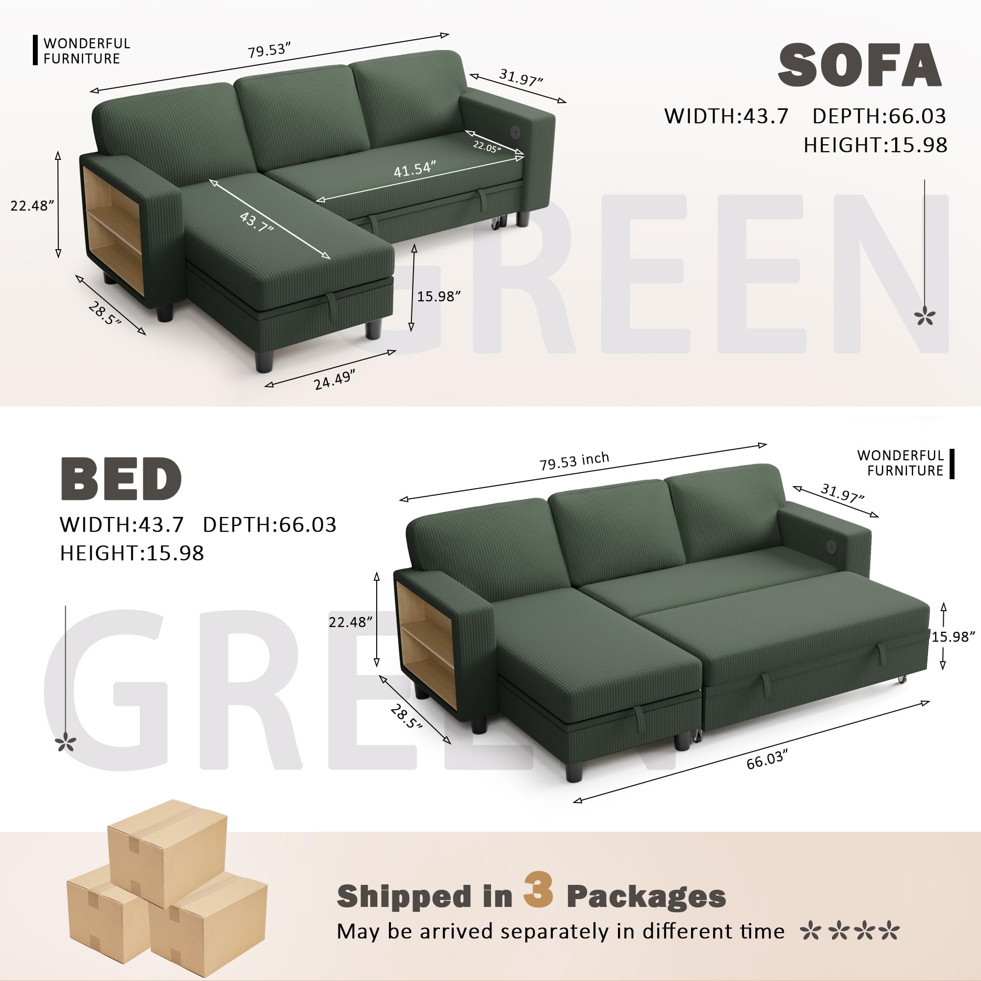 JUMMICO 80″ Sleeper Sofa Bed, 2-in-1 L Shaped Sectional Couch with Storage Chaise, USB Charging Ports & 2 Built-in Bookshelves, Pull Out Couch for Living Room, Apartment, Small Space