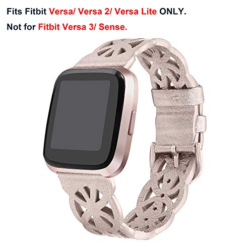 CrocSee Leather Bands Compatible with Fitbit Versa/Versa 2/Versa Lite/Versa SE Fitness Smartwatch, Hollowed-out Top Grain Leather Replacement Strap for Women, Rose Gold