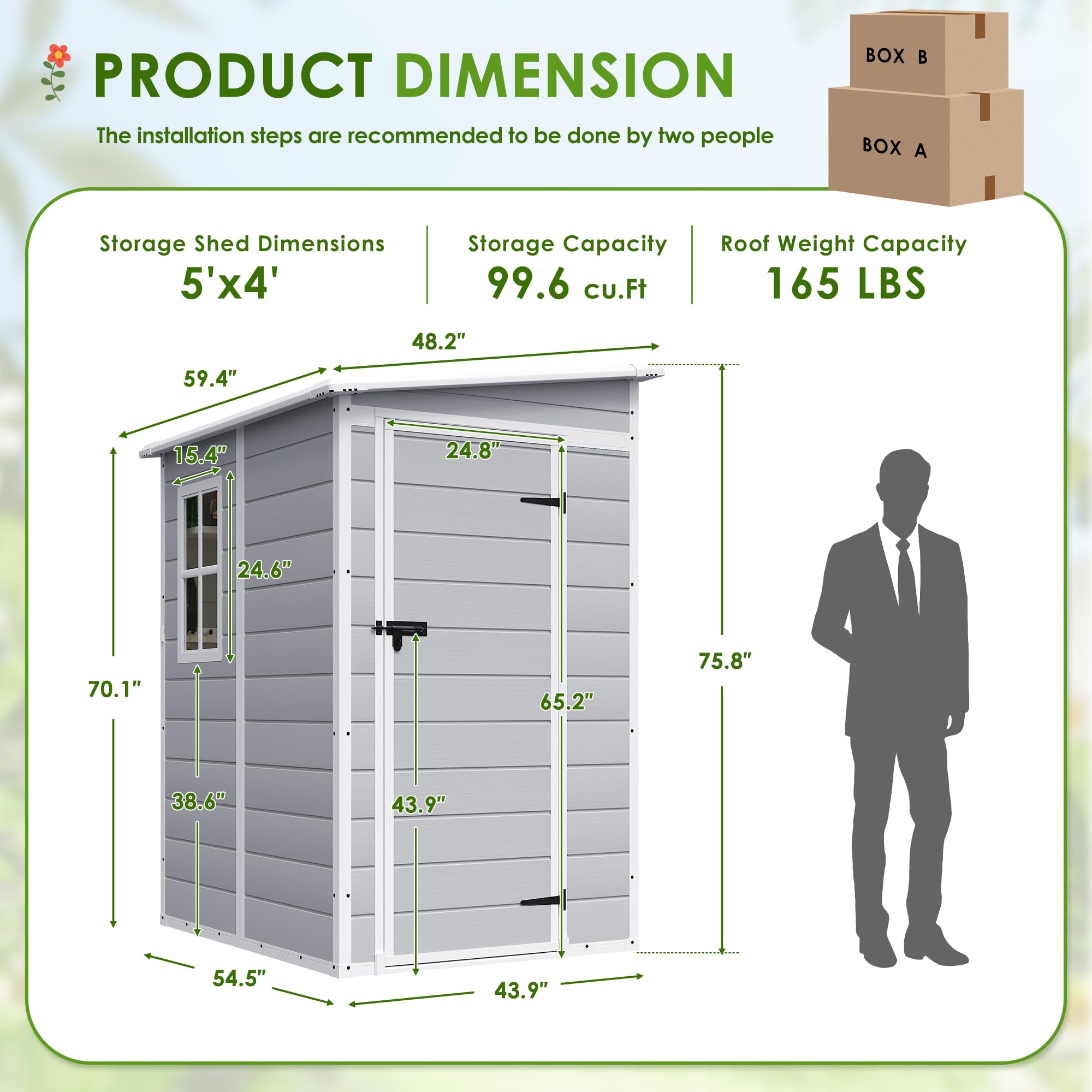 JUMMICO Outdoor Storage Shed, 5 x 4 FT Resin Shed with Floor and Lockable Door, Plastic Garden Tool Outside Sheds for Patio Backyard Lawn
