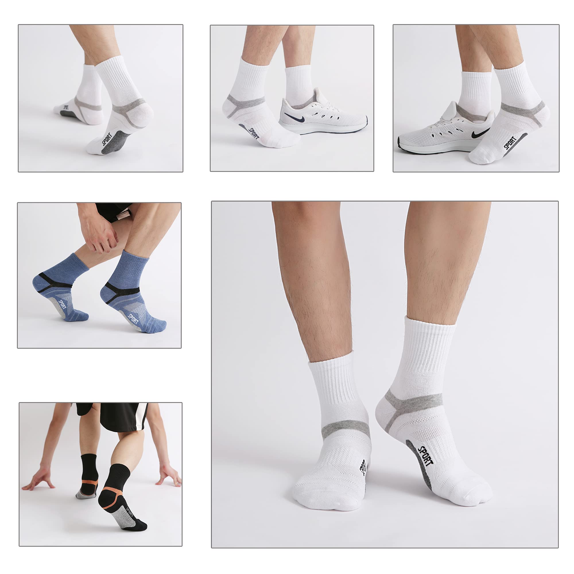 Eastroll Men's Athletic Ankle Quarter Socks Cushion Sport Casual Running Cotton Sock Crew Socks 6 Pack