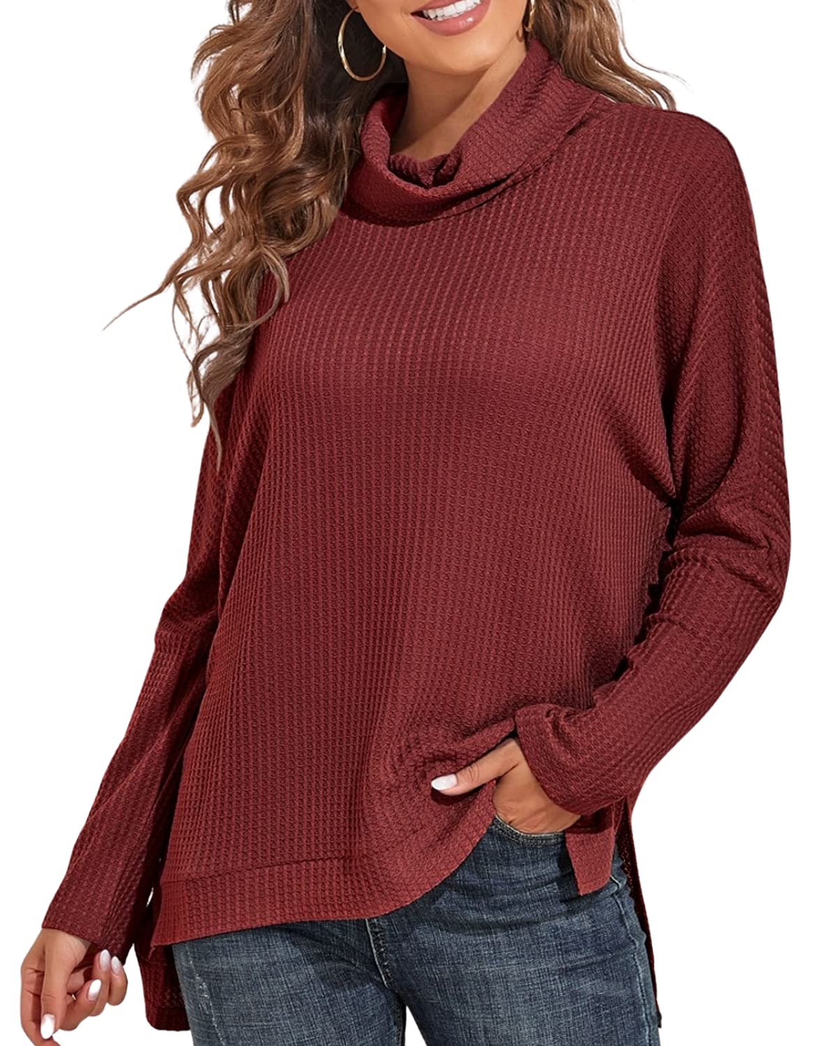 Dokuritu Women's Turtleneck Long Sleeve Red Knit Sweater Causal Loose Cowl Neck Waffle Knit Tunic Tops High Low Side Slit Pullover(Red,S)