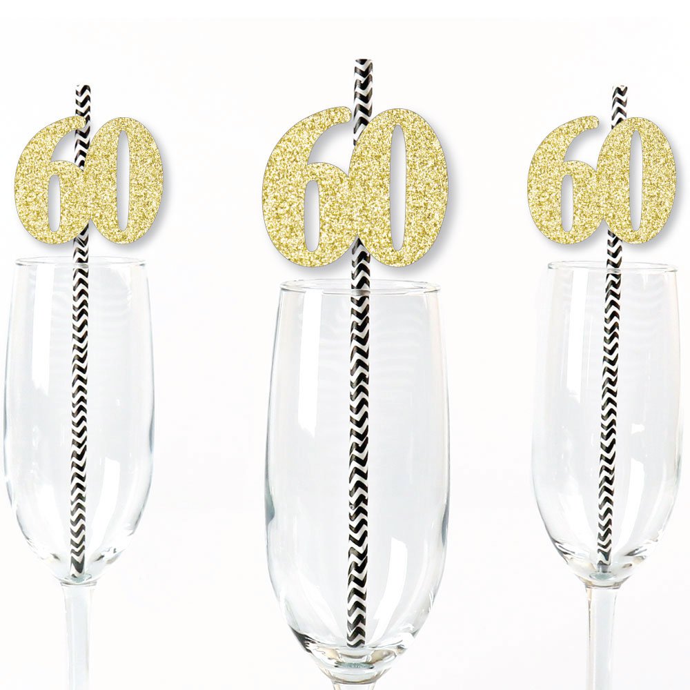 Gold Glitter 60 Party Straws - No-Mess Real Gold Glitter Cut-Out Numbers & Decorative 60th Birthday Party Paper Straws - Set of 24