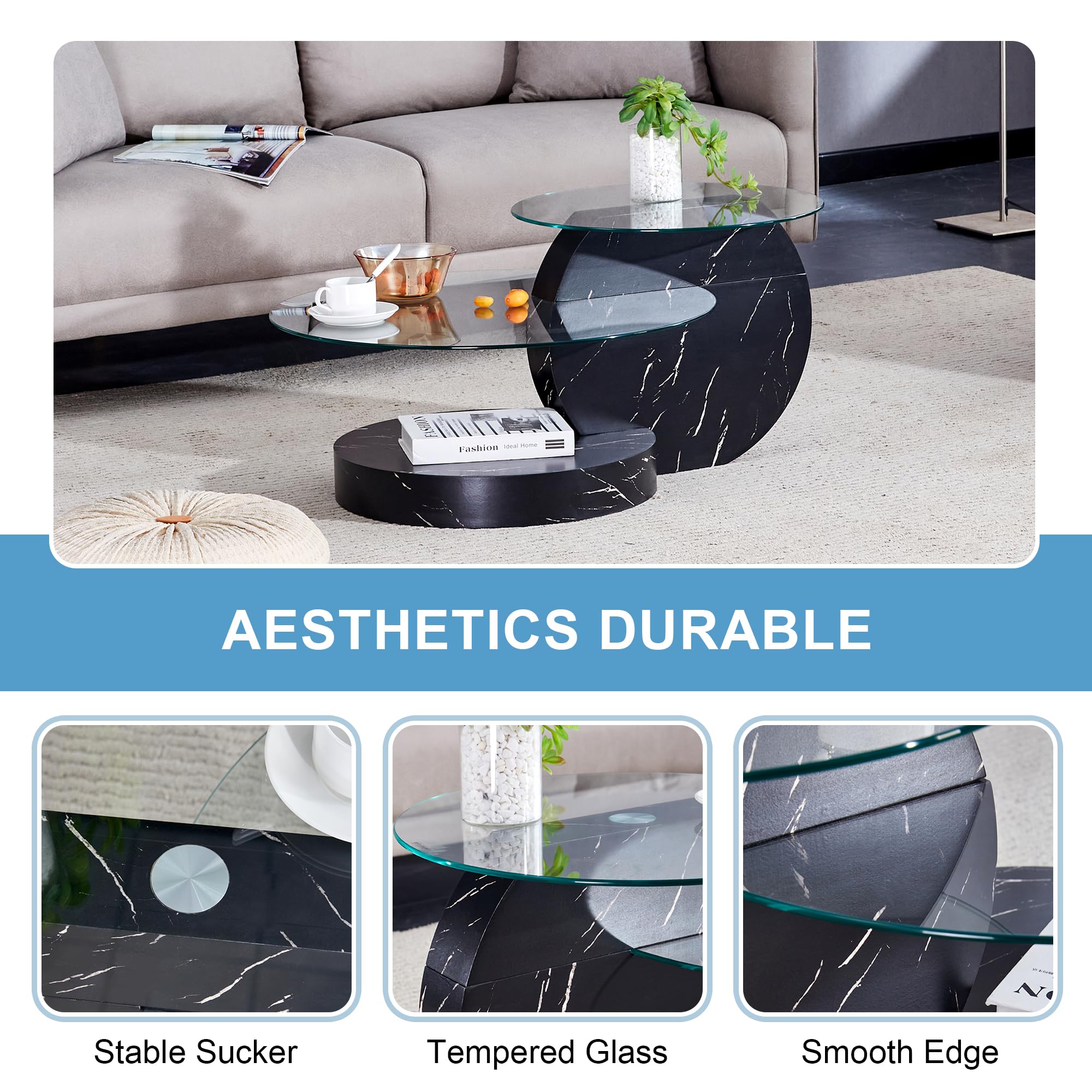 Glass Coffee Tables for Living Room Round Coffee Tables Modern Double Layer Round Table Circle Coffee Table for Small Space Home Office (35.4 Inch Black)