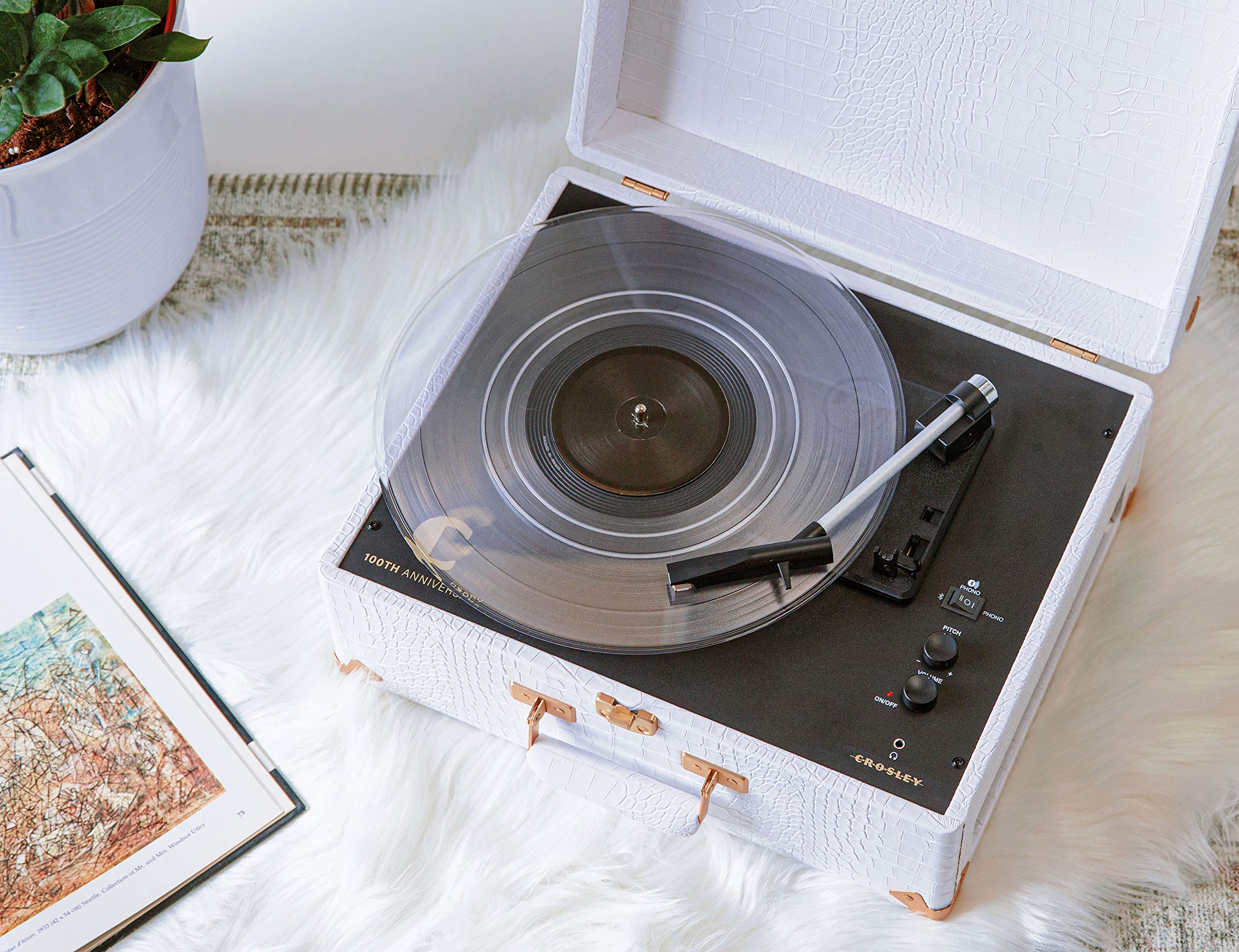 Crosley CR6253B-WC Anthology Vintage 3-Speed Bluetooth in/Out Suitcase Turntable, White Crocodile