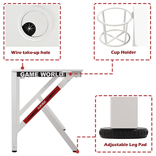 LYNSLIM Gaming Desk 39 Inch – Computer Deak for Home, K Shaped PC Gaming Table, Ergonomic Gamer Desk with Headphone Hook, Cup Holder and Cable Management (White)