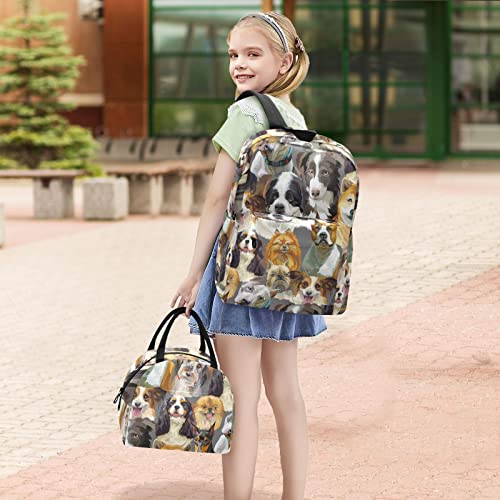 FOLIOSA Kid's Backpack Lunch Bag Set Dog To See Print, Large Capacity Insulated Scratch-Resistant Backpack with Lunch Kit for School Work Suits for 6+ Years Teenager Boys Girls