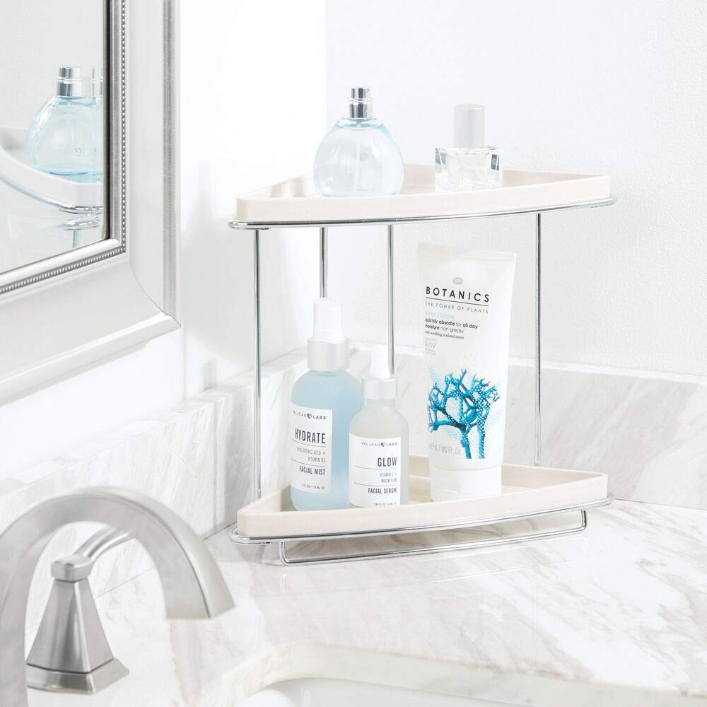 mDesign Steel/Plastic Freestanding Countertop Corner Shelf Organizer with 2-Tier Storage for Bathroom, Vanity, Cabinet, Counter - Holds Makeup, Bath Gel - Prism Collection - Cream