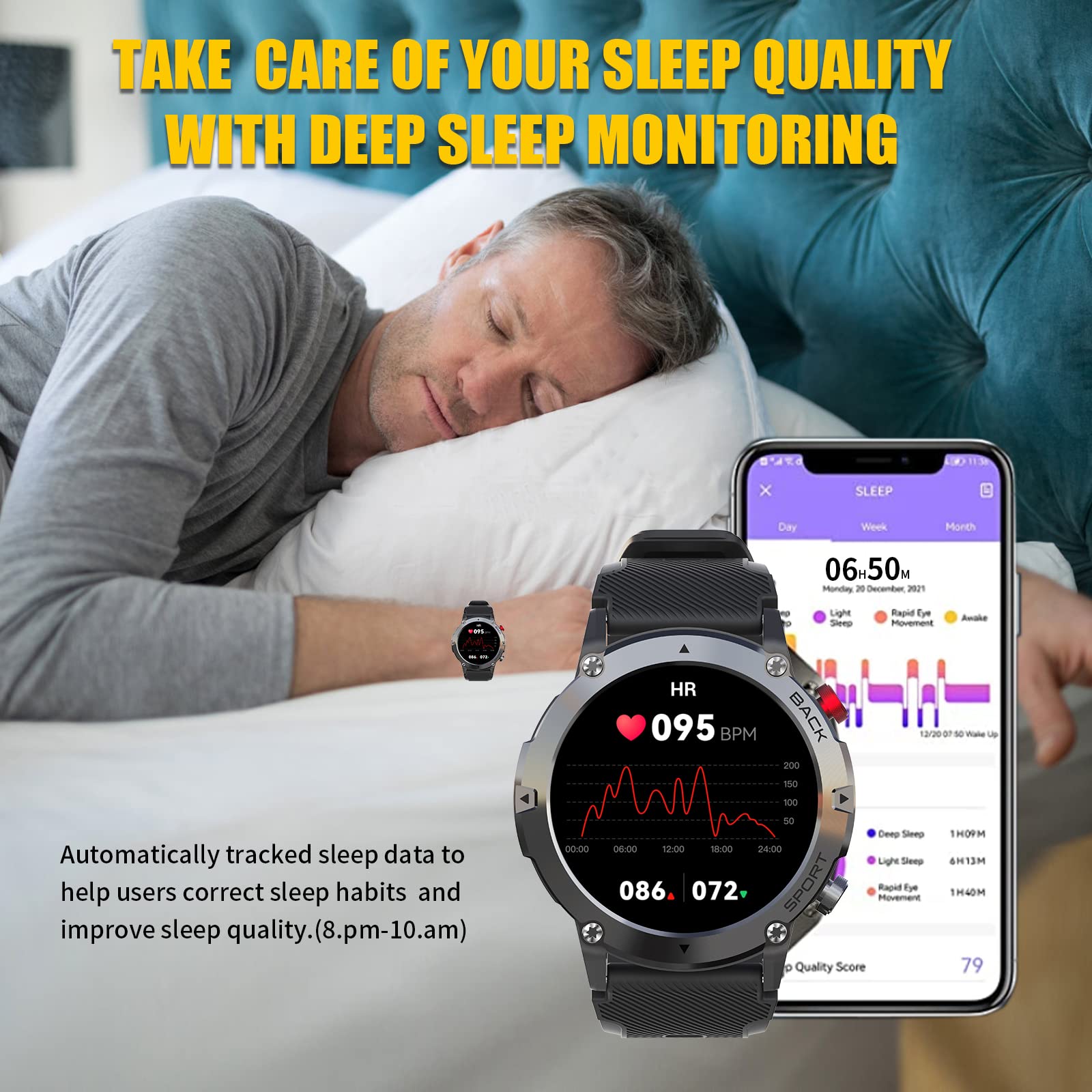 HIKA Military Smart Watch for Men,Bluetooth Calls,IP68 Waterproof,1.32'' HD Full Touchscreen,Heart Rate/Sleep Monitor,Notification Reminder,20 Sports Modes,Compatiable with Android iOS Black…